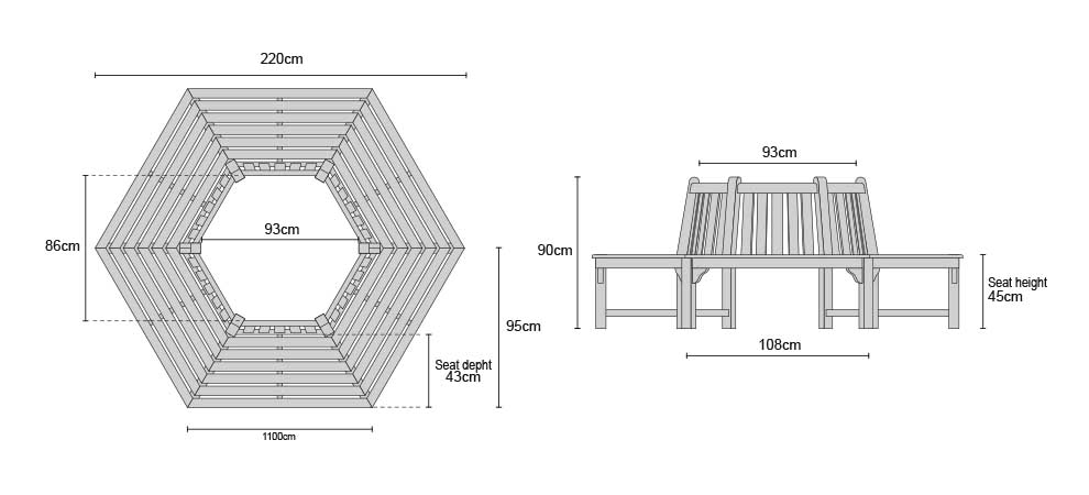 Teak Hexagonal Tree Seat - Wrap Around Tree Bench